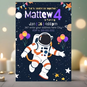 Editable Astronaut Birthday Invitation Space Adventure Invite Template ...