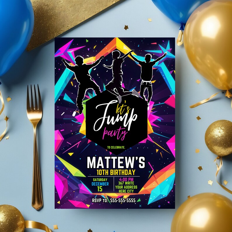Editable Jump Birthday Party Invitation COLORFUL Jump Birthday Party ...