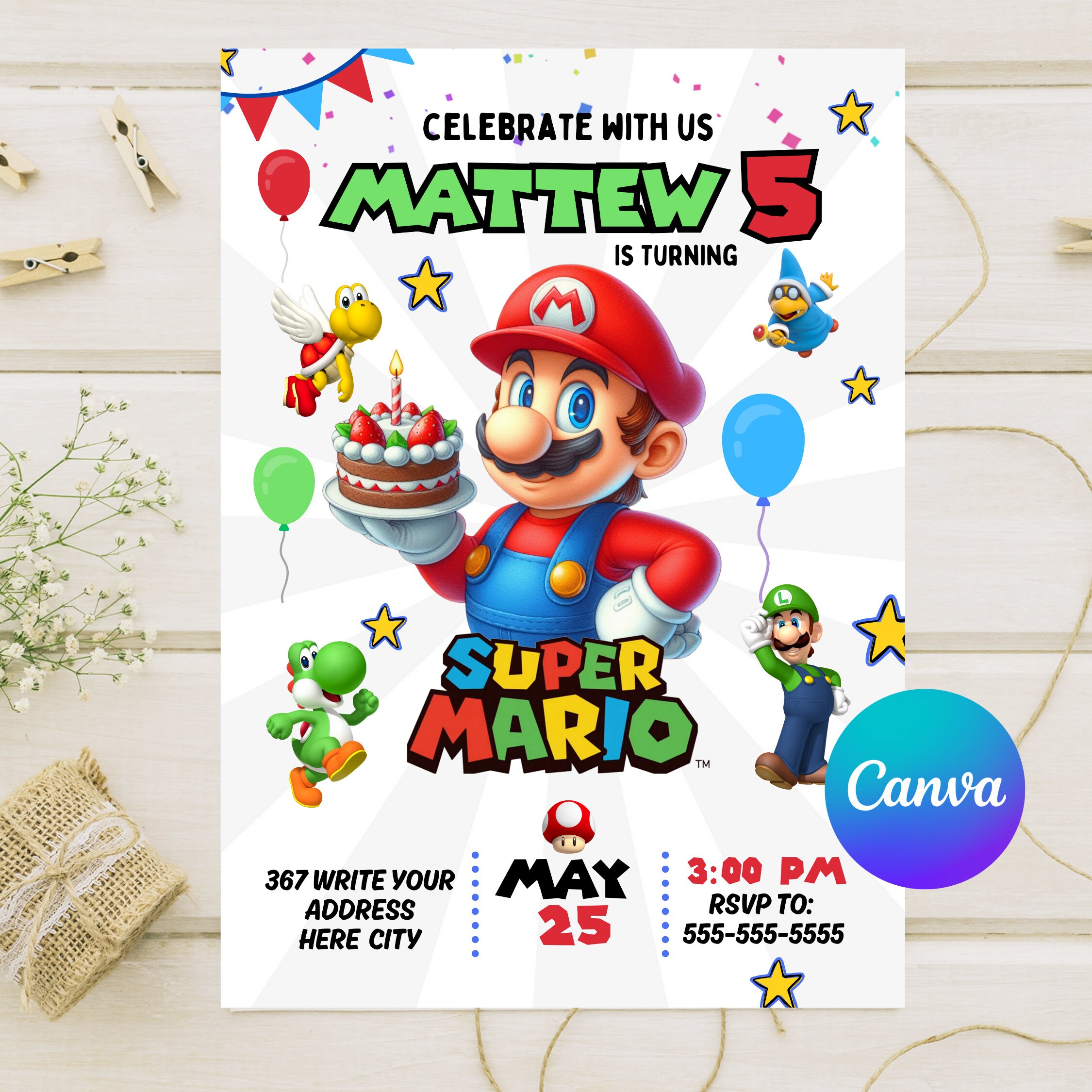 Mario Bros Invitation, Super Mario Birthday Invitation, Super Brothers ...