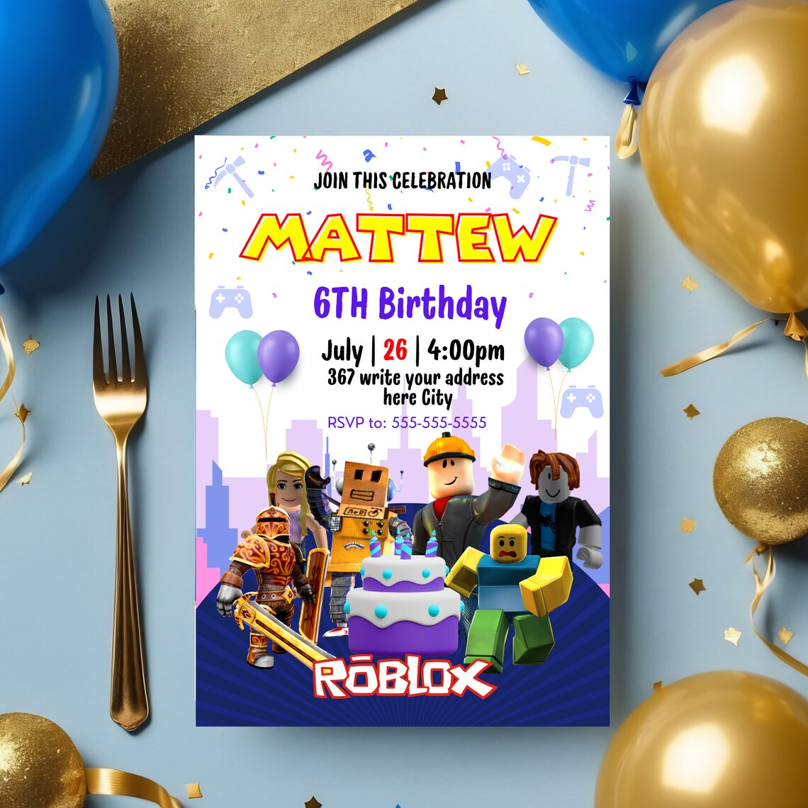 Roblox Birthday Invitation Template Canva, Roblox Game Party, Roblox ...