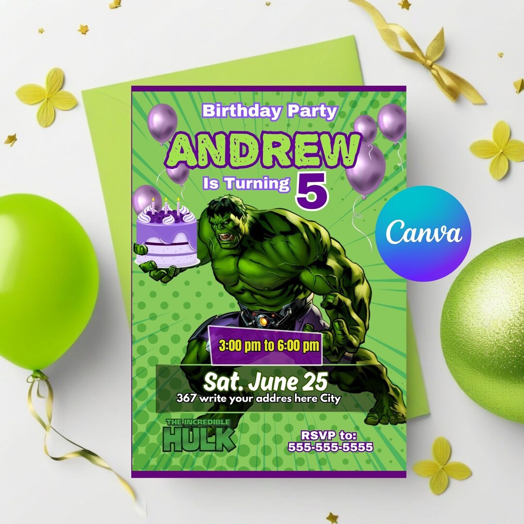 INCREDIBLE HULK Birthday Invitation Editable Online, Hulk Digital Canva ...