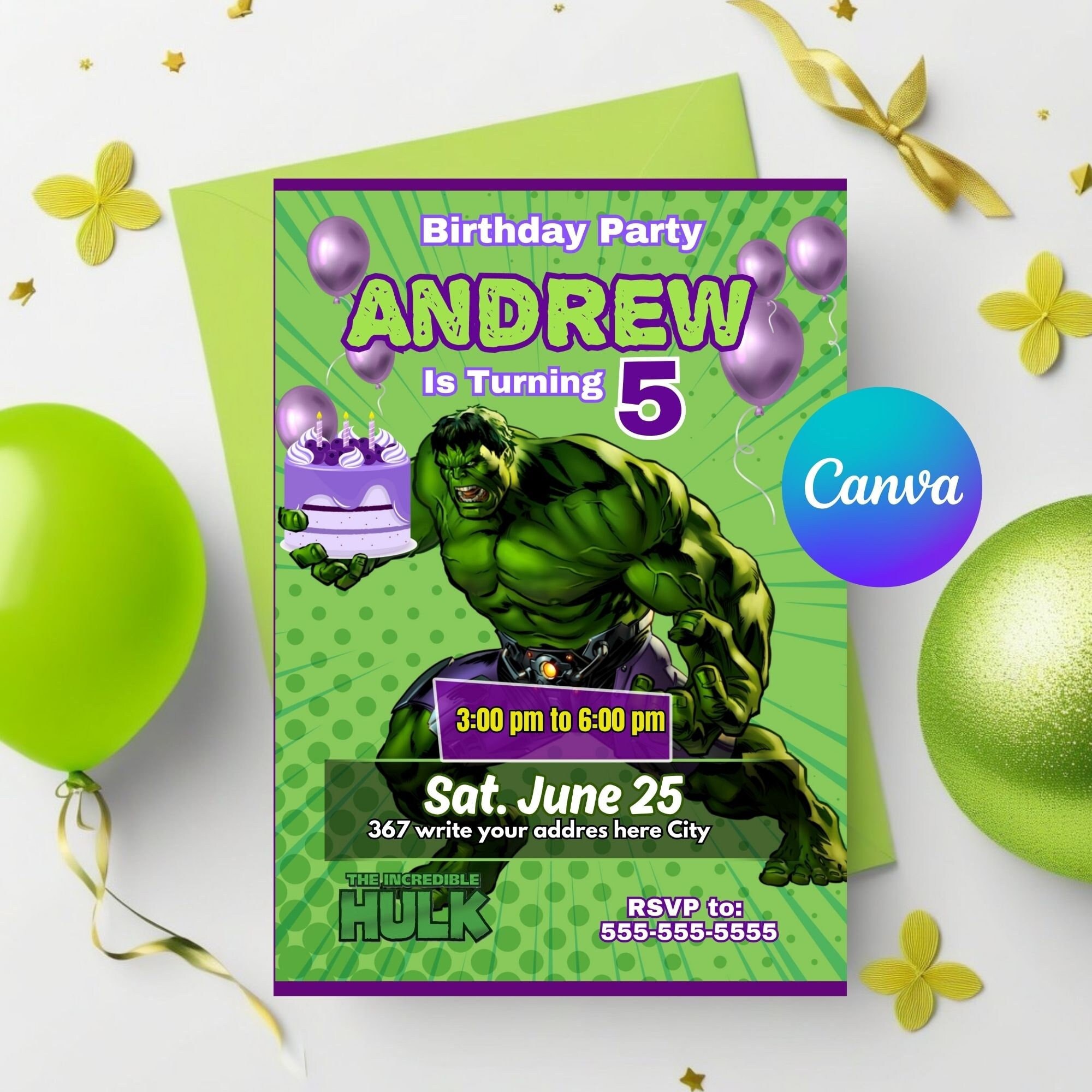 INCREDIBLE HULK Birthday Invitation Editable Online, Hulk Digital Canva ...