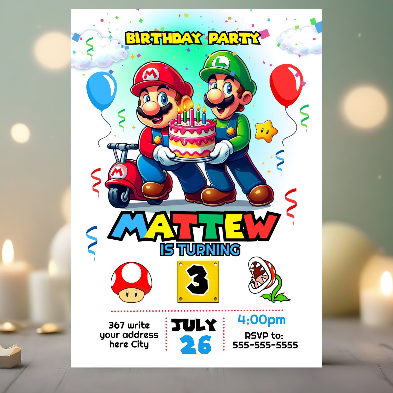 Mario and Luigi Birthday Invitation Birthday Invitation Super Mario ...