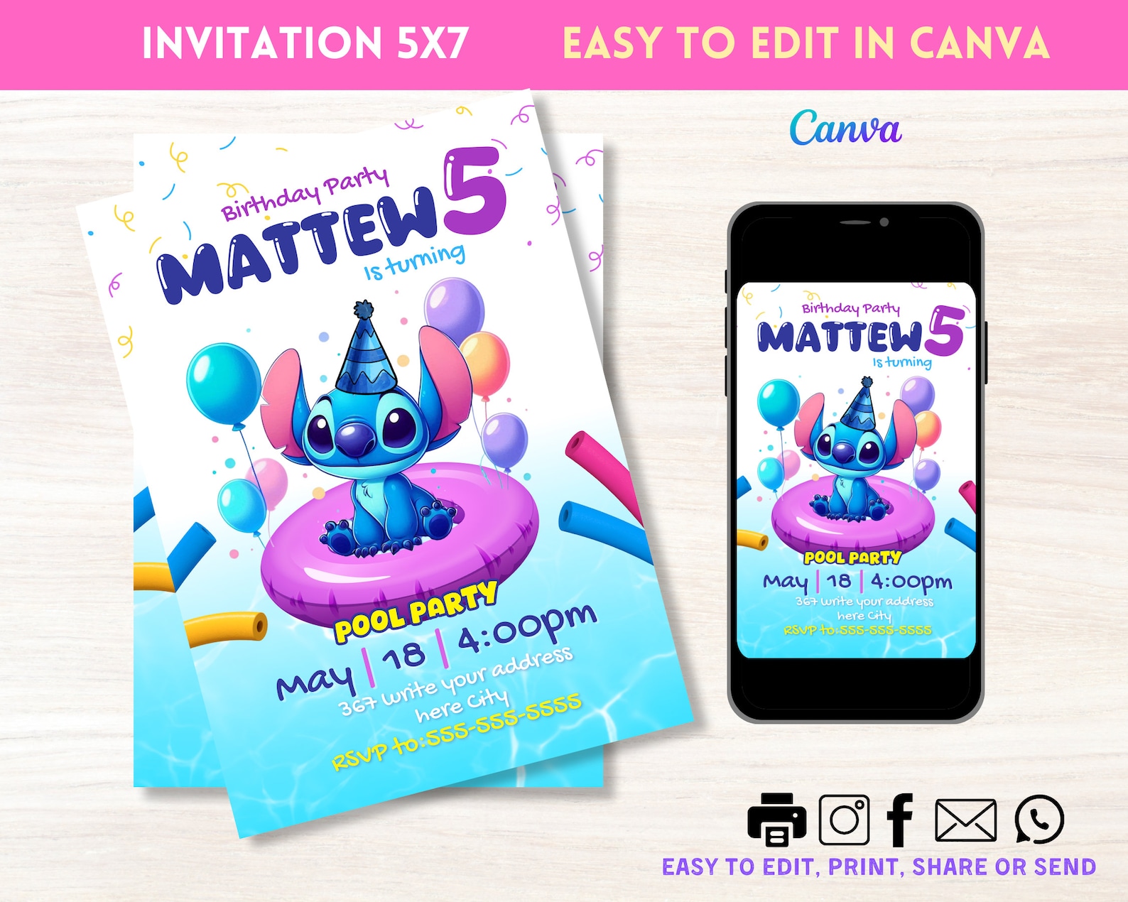 Stitch Pool Party Birthday Invitation Stitch Invite Printable Party ...