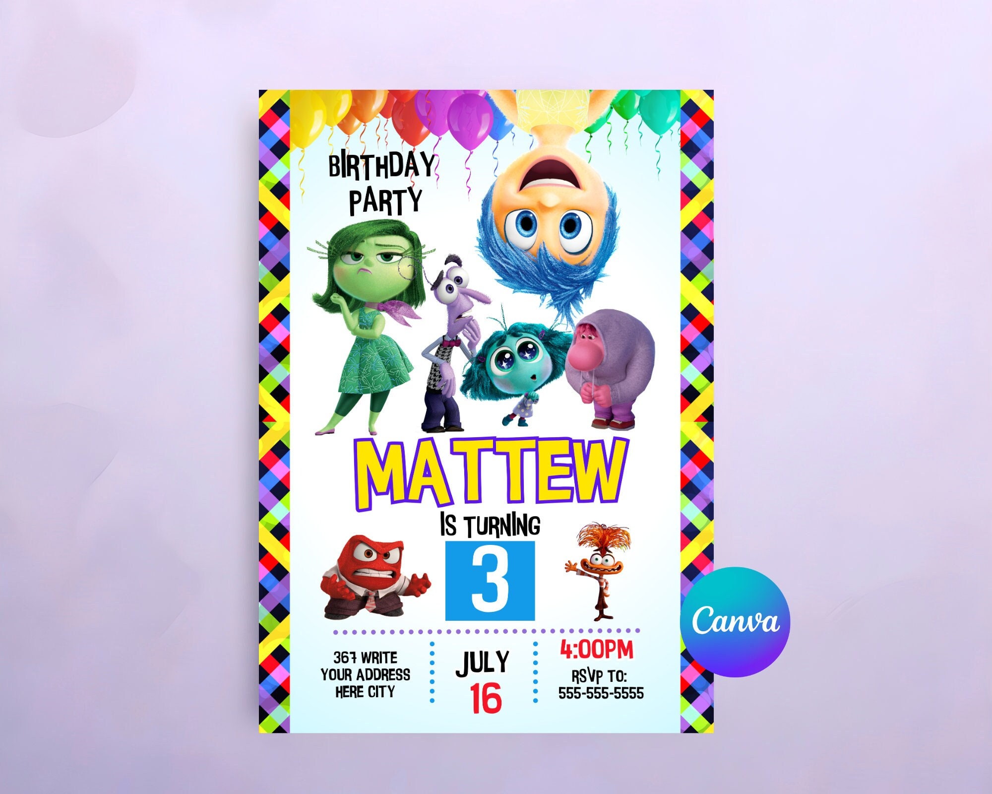 INSIDE OUT 2 Invitation Birthday Party, Canva Template Inside Out Two ...