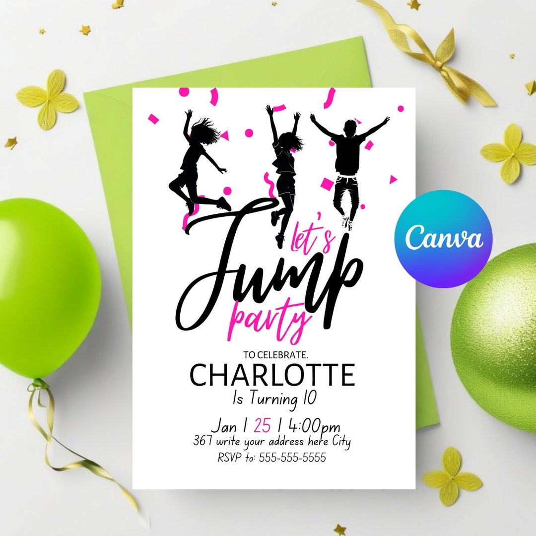 Trampoline Park Birthday Invitation: Editable Black & Pink Jumping ...