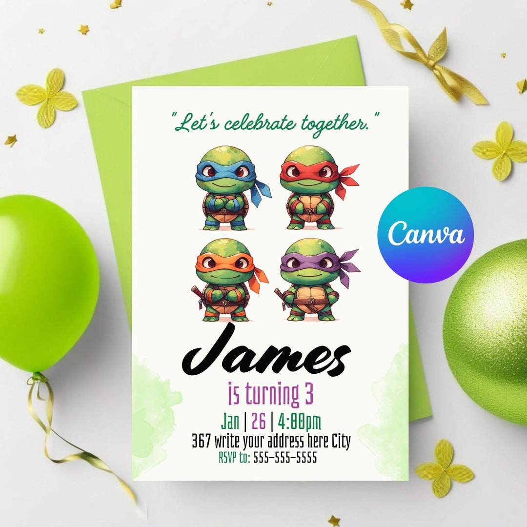Turtle Invitation Template Canva Turtle Party Birthday Invitation ...