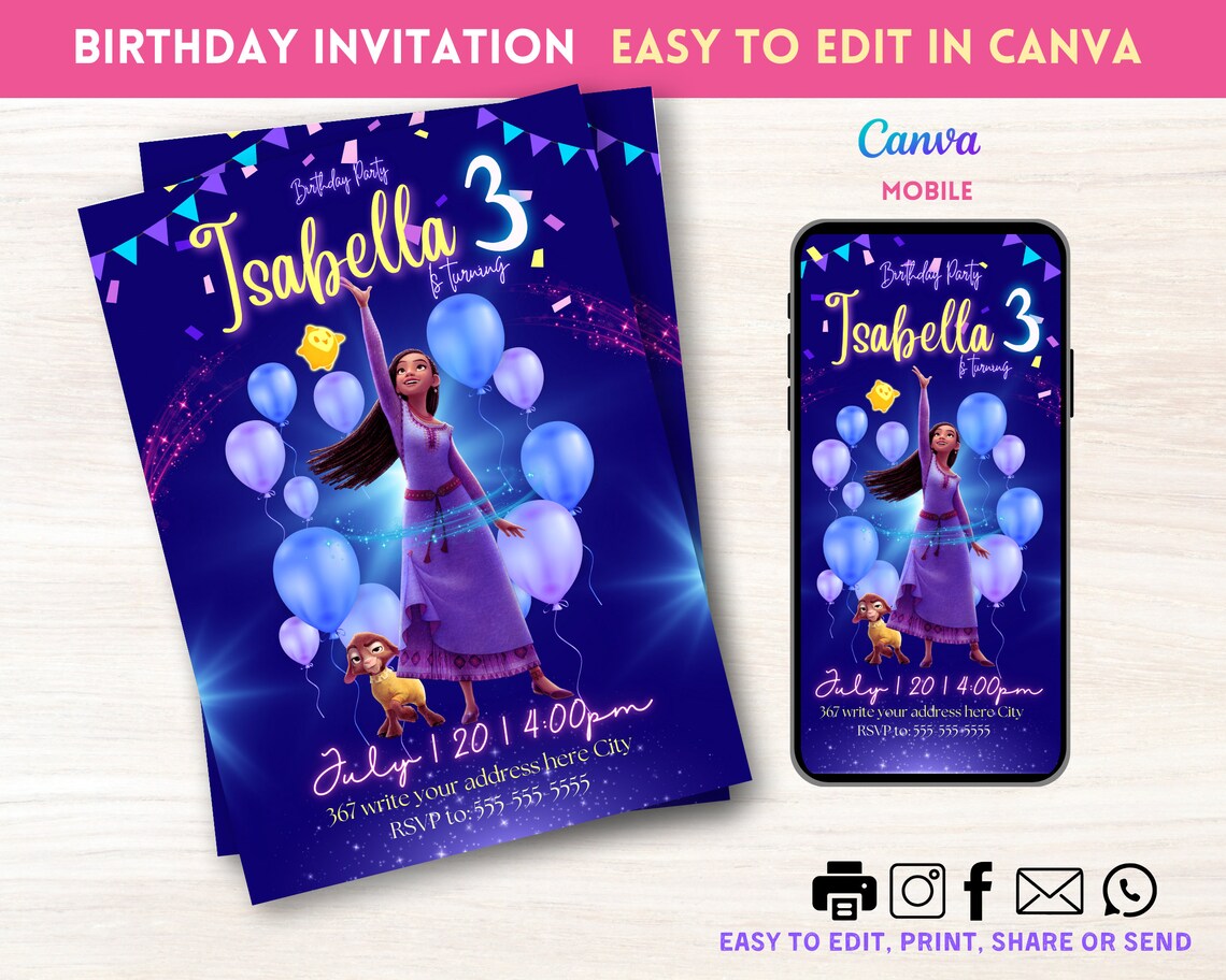WISH Birthday Party Digital Invitation Editable, Printable , INVITE ...