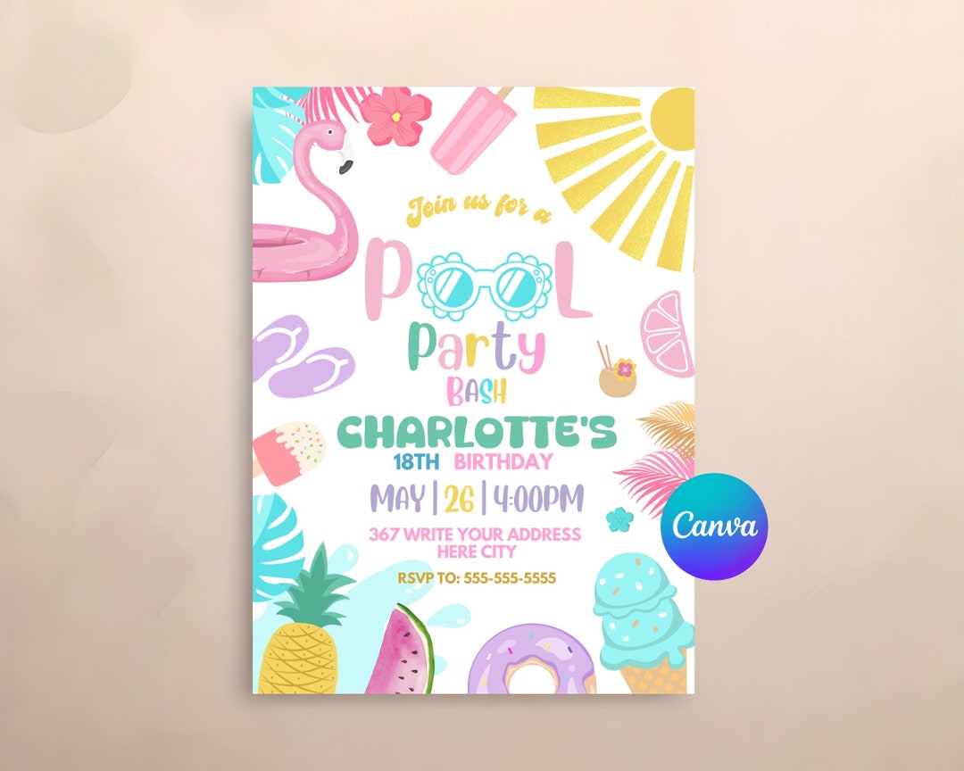 Editable Pool Party Invitation - Tropical Girly Summer Swimming Splash ...