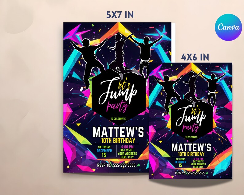 Editable Jump Birthday Party Invitation COLORFUL Jump Birthday Party ...
