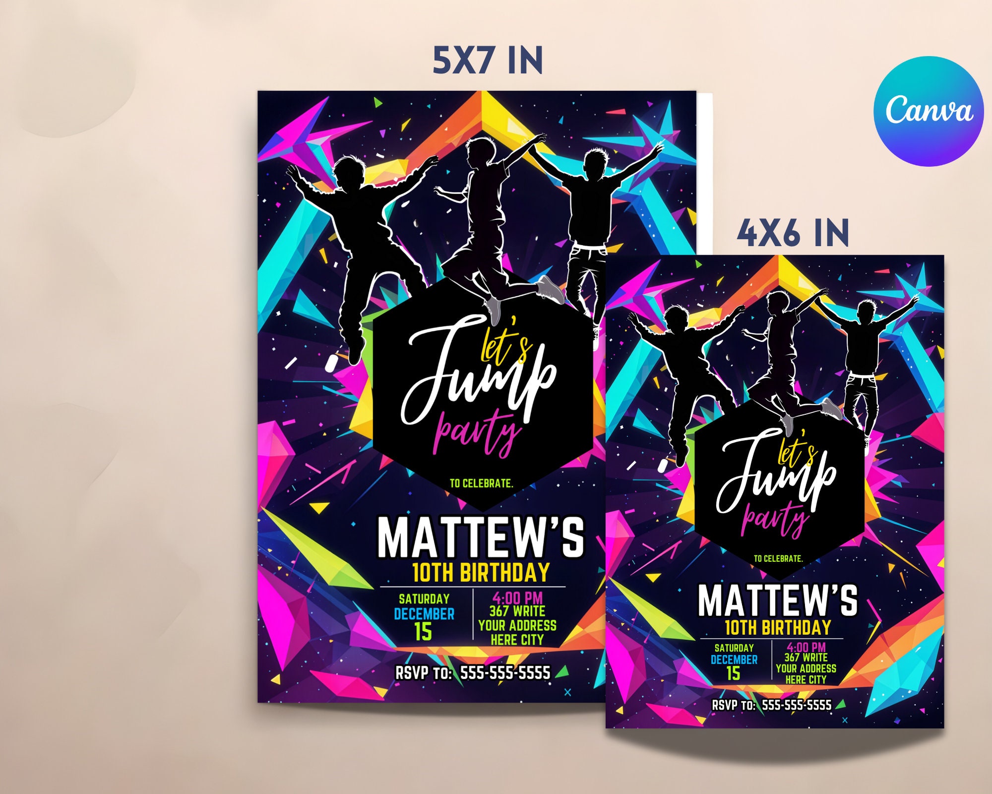 Editable Jump Birthday Party Invitation COLORFUL Jump Birthday Party ...