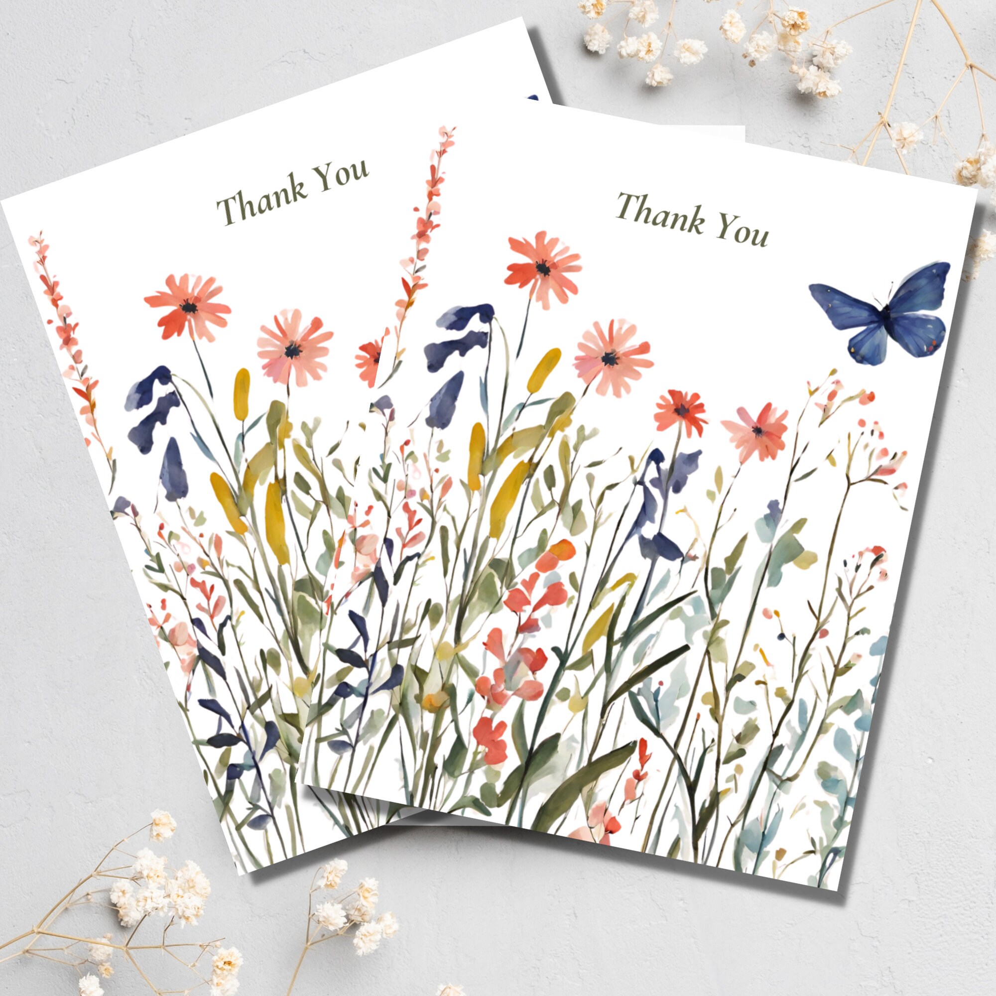 Thank You Card, Thank You Cards Set, Watercolor Wildflower Thank You ...
