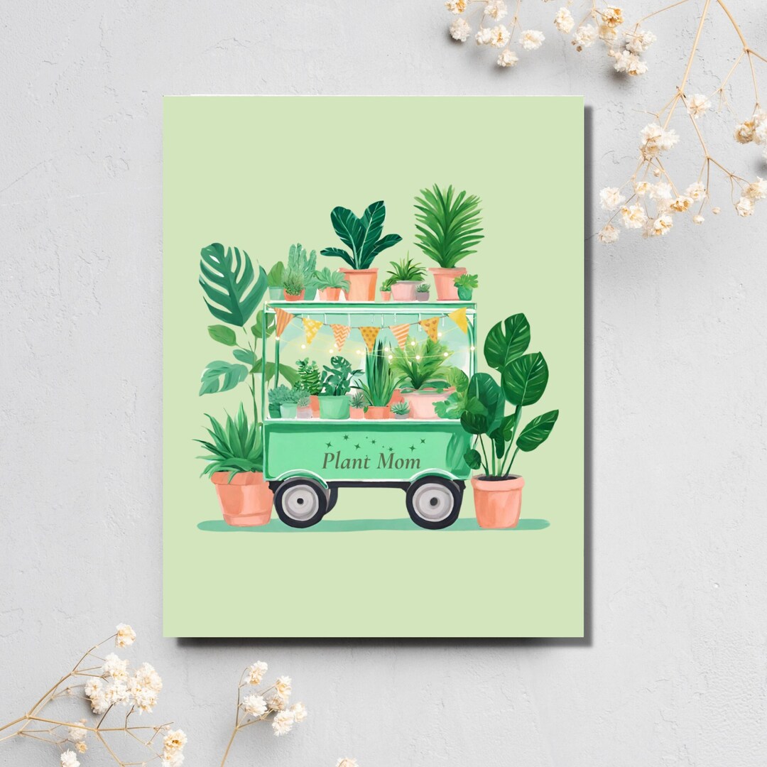 Cute Plant Mom Card, Plant Lover Greeting Card, Plants, Plant Cart ...