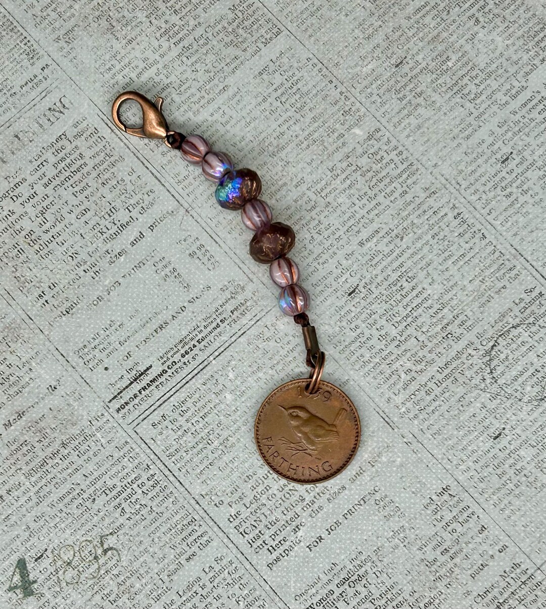 Artisan Purse Charm Featuring a Wren on a Farthing, Circa 1951 ...