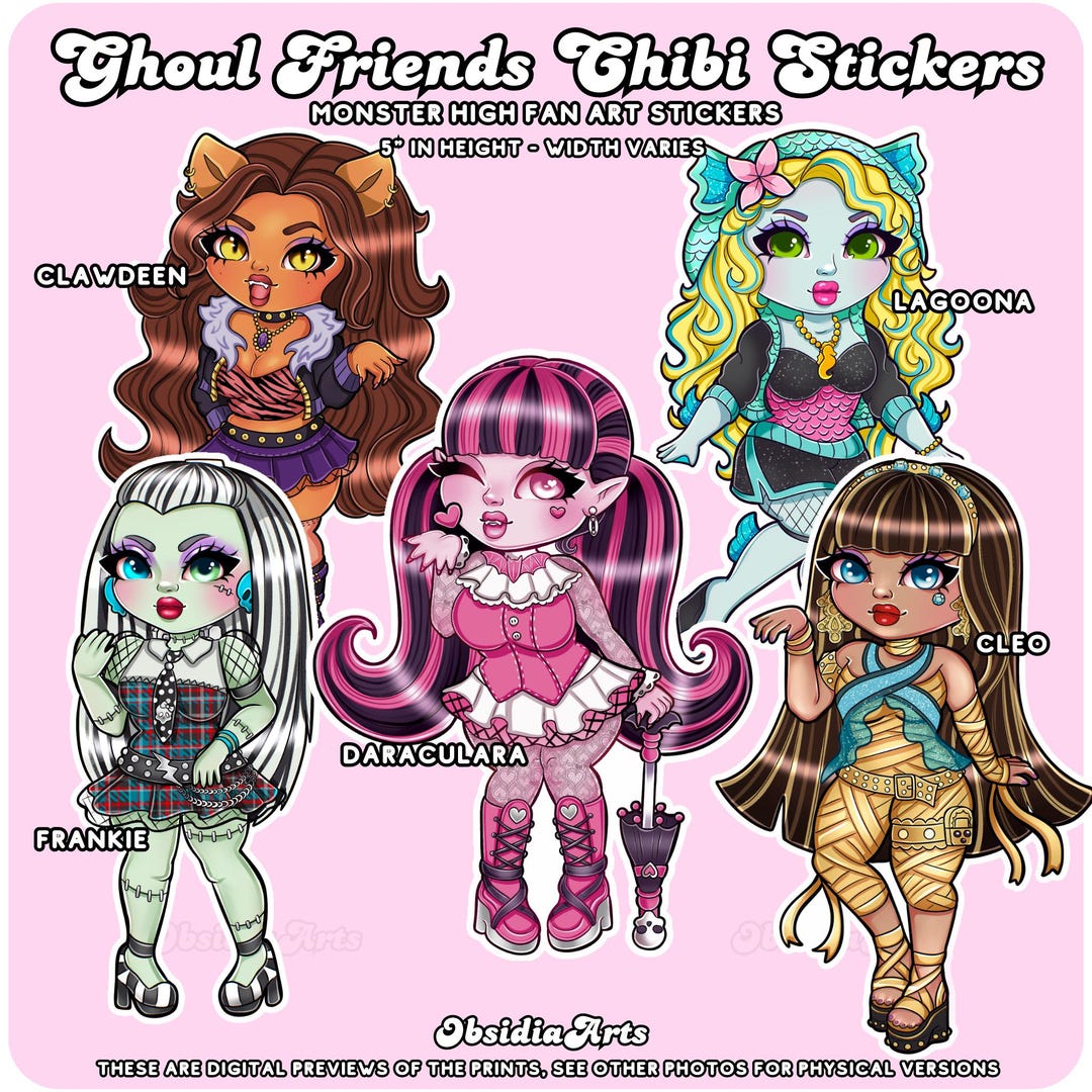 Ghoul Friends Monster High G1 Chibi Stickers: Daraculara, Clawdeen Wolf ...