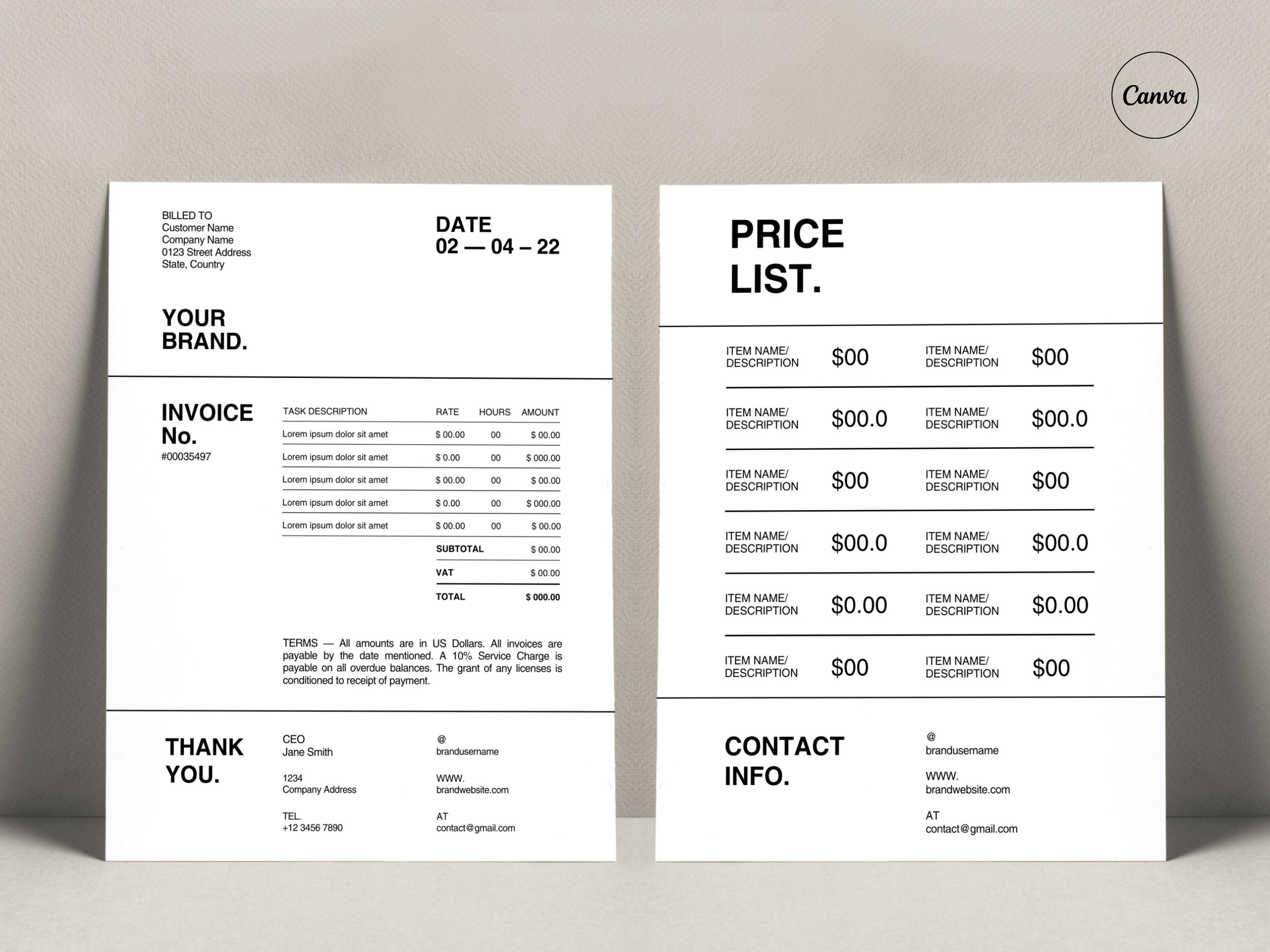 Price List and Invoice Templates Editable on Canva. Small Business ...