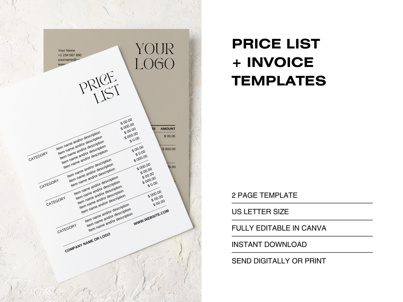 Price List and Invoice Templates Editable on Canva. Small Business ...