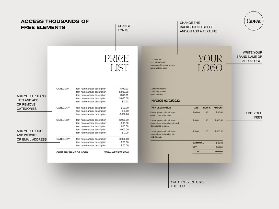 Price List and Invoice Templates Editable on Canva. Small Business ...