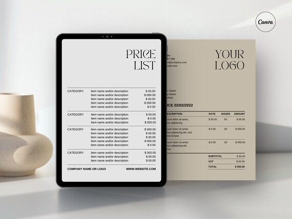 Price List and Invoice Templates Editable on Canva. Small - Etsy