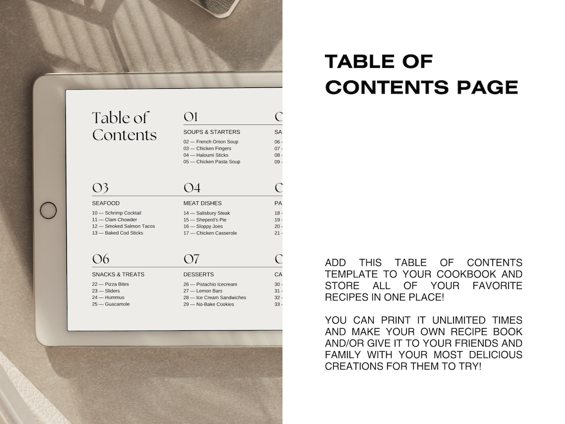 Table of Contents, Cookbook Template, Recipe Book Template, Editable ...