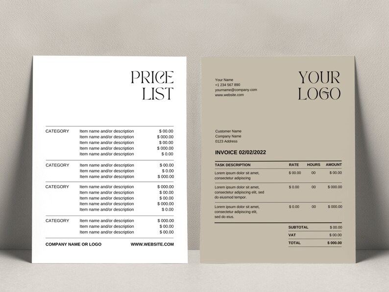 Price List and Invoice Templates Editable on Canva. Small - Etsy