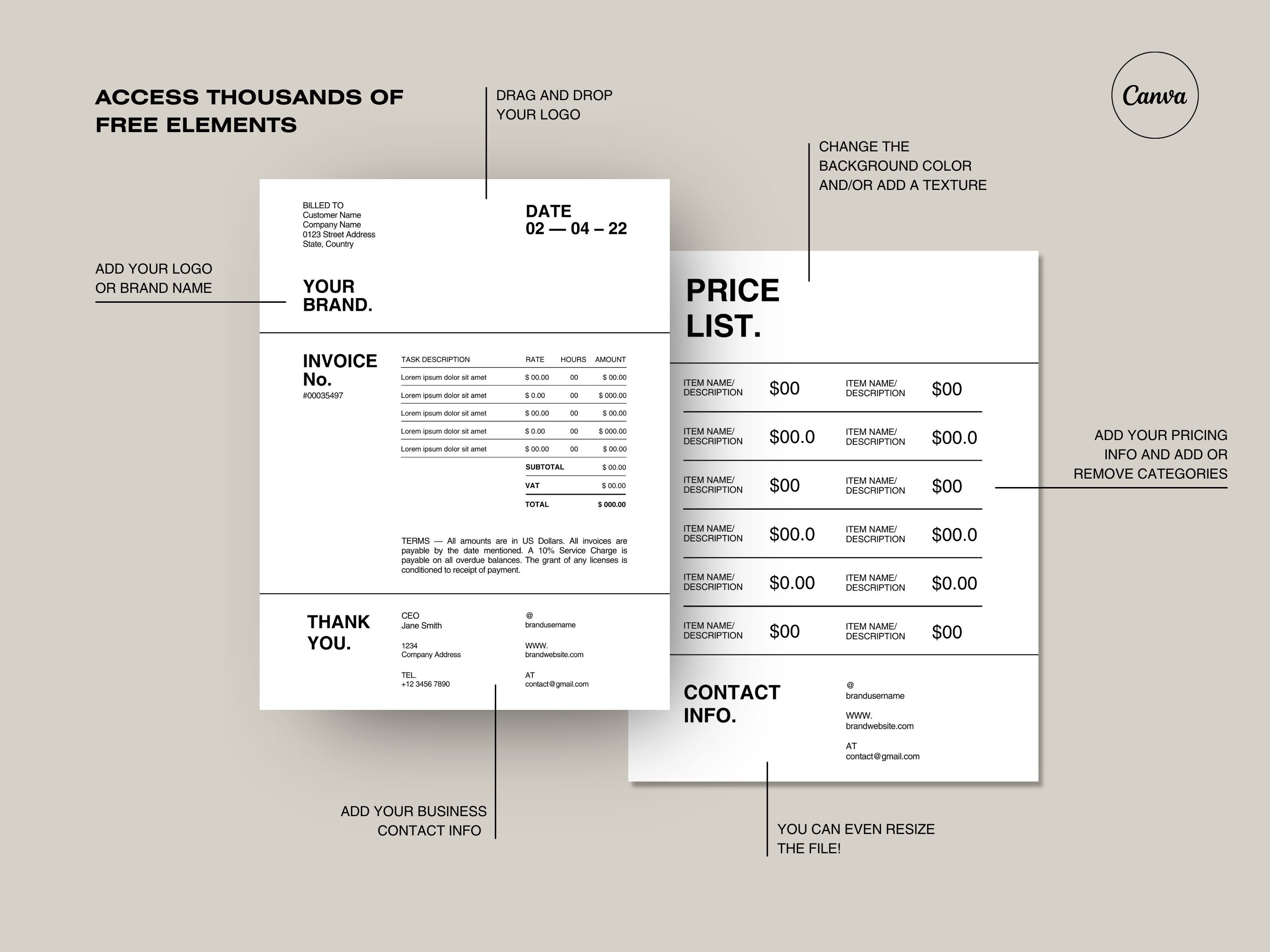 Price List and Invoice Templates Editable on Canva. Small Business ...