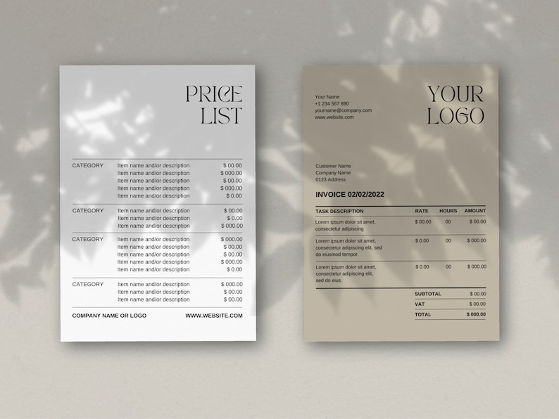 Price List and Invoice Templates Editable on Canva. Small Business ...