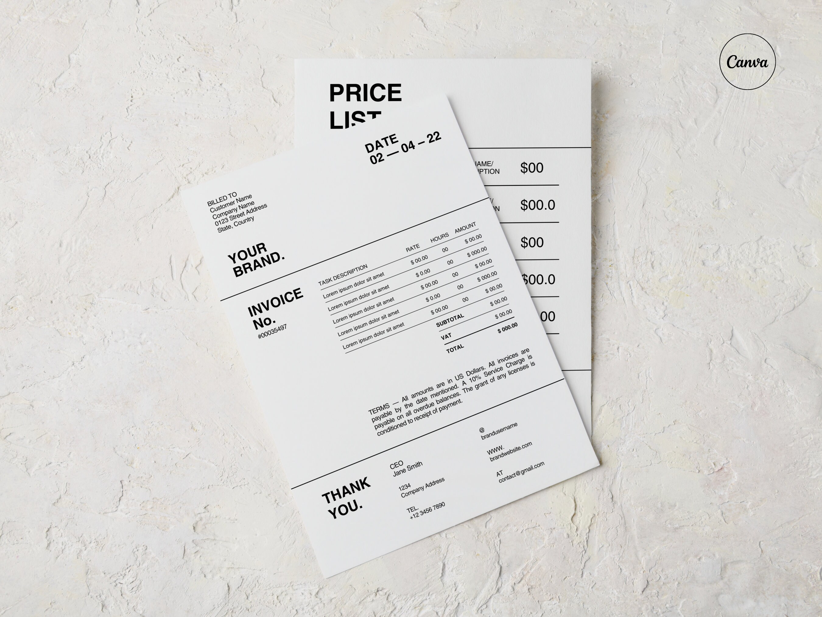 Price List and Invoice Templates Editable on Canva. Small Business ...