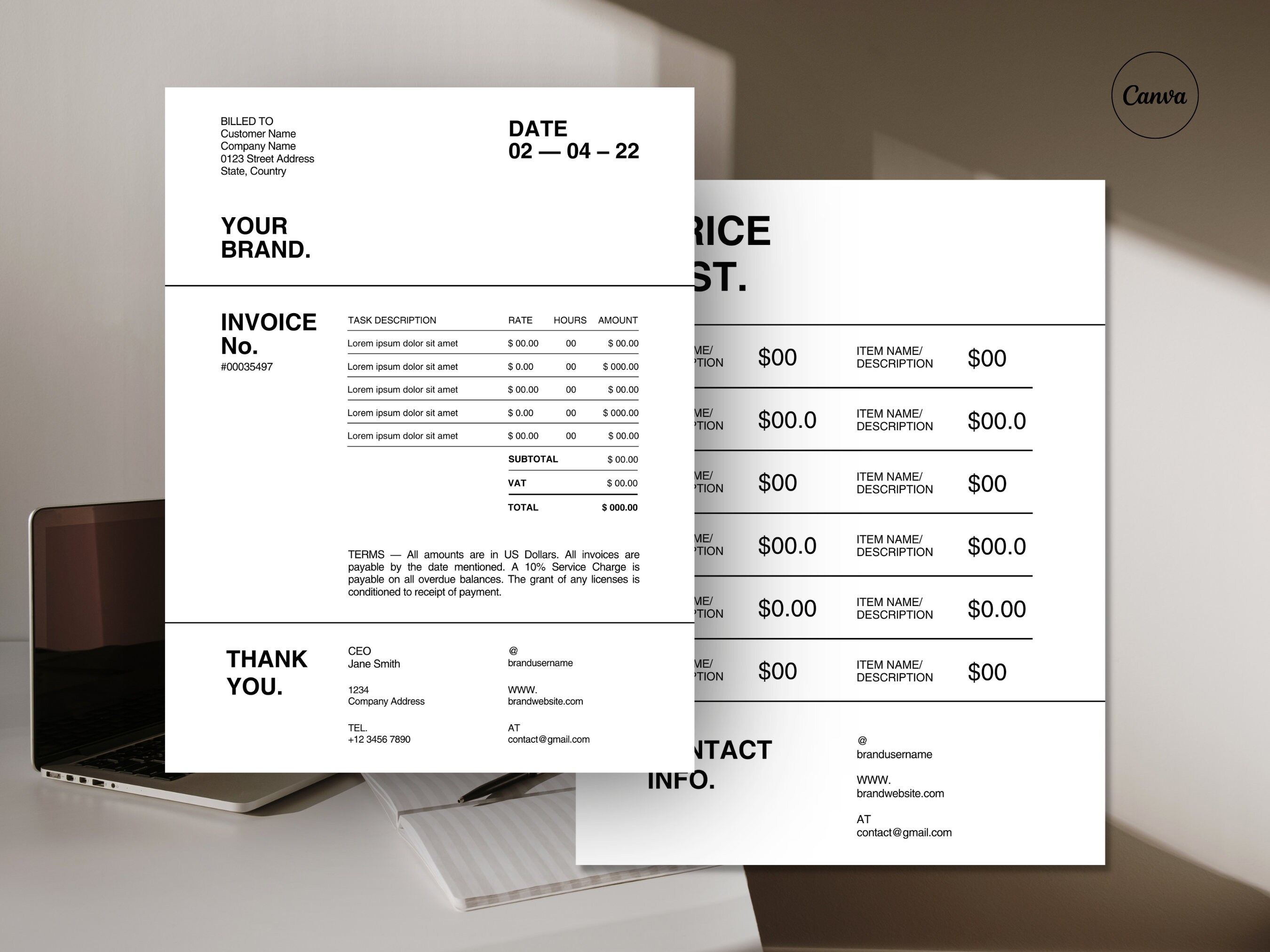 Price List and Invoice Templates Editable on Canva. Small Business ...