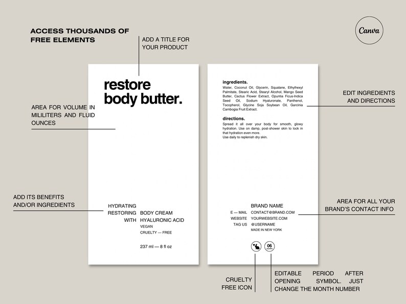 Skincare Product Label Template, DIY Body Butter Labels, Body Cream ...