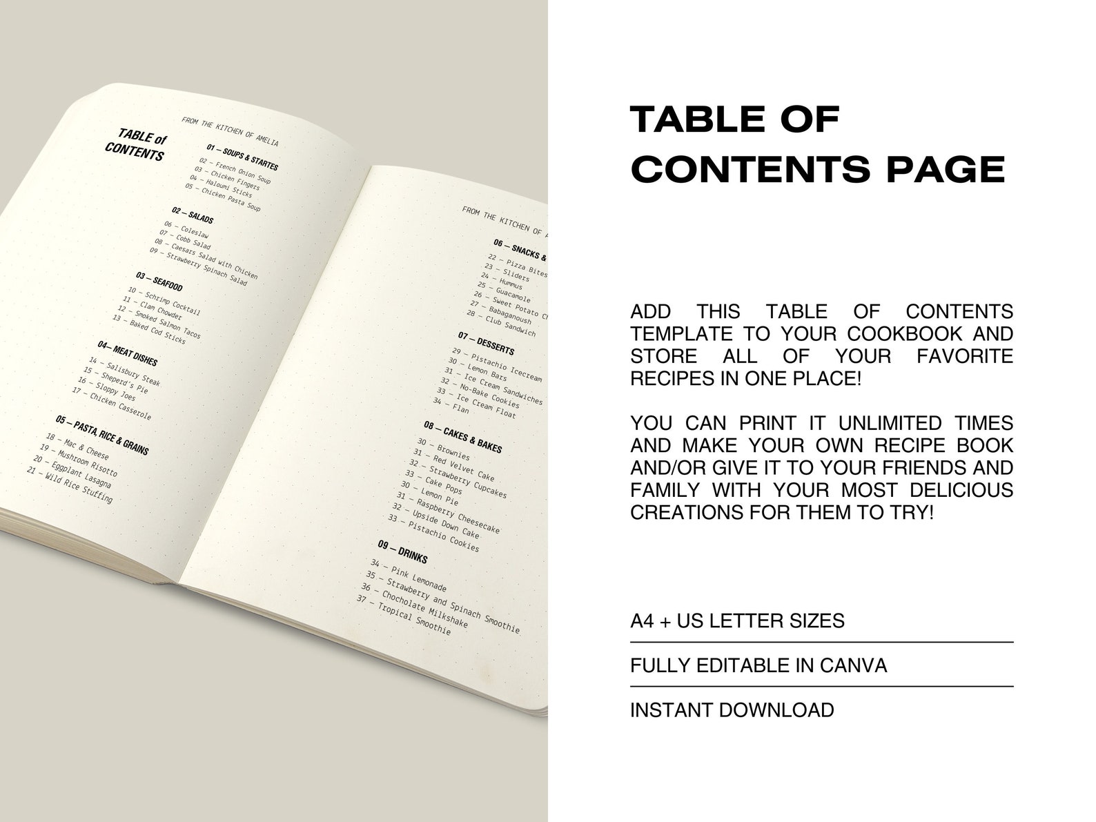 Table of Contents, Cookbook Template, Recipe Book Template, Editable ...