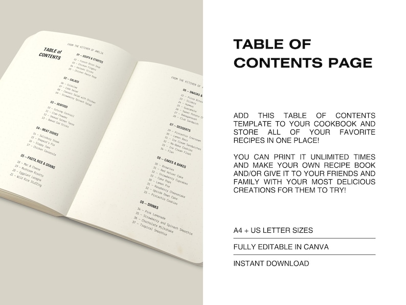 Table of Contents, Cookbook Template, Recipe Book Template, Editable ...