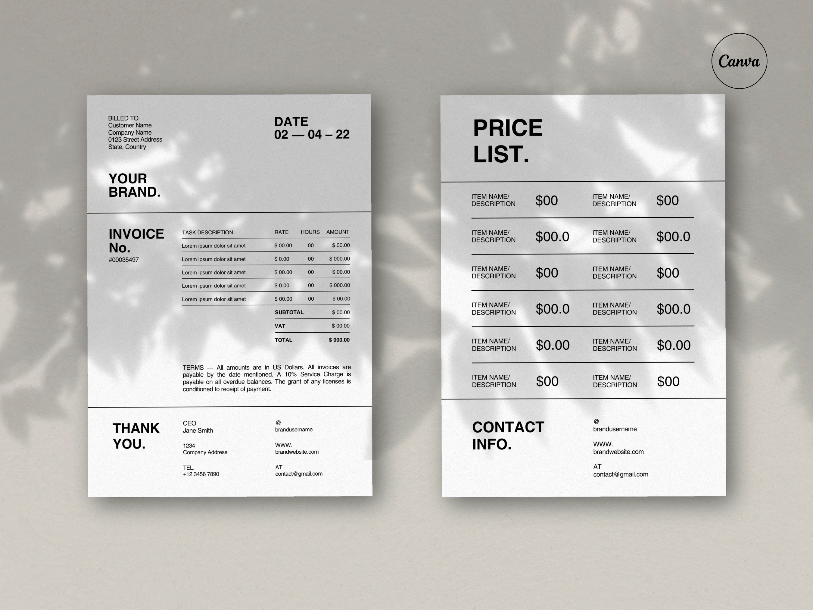 Price List and Invoice Templates Editable on Canva. Small Business ...