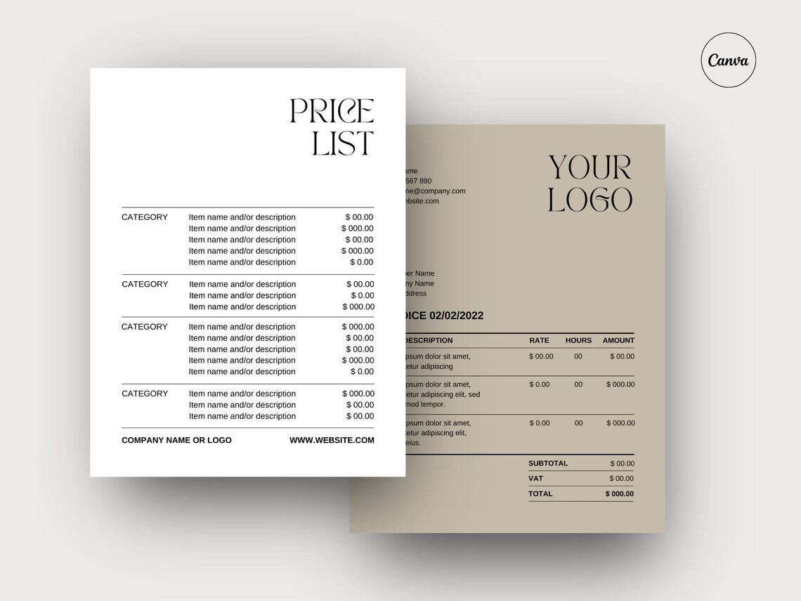 Price List and Invoice Templates Editable on Canva. Small Business ...