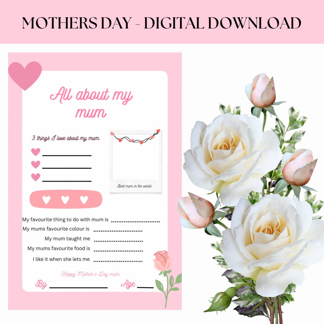 Mother's Day Printable, All About My Mom, Mothers Day Gift, Card for ...