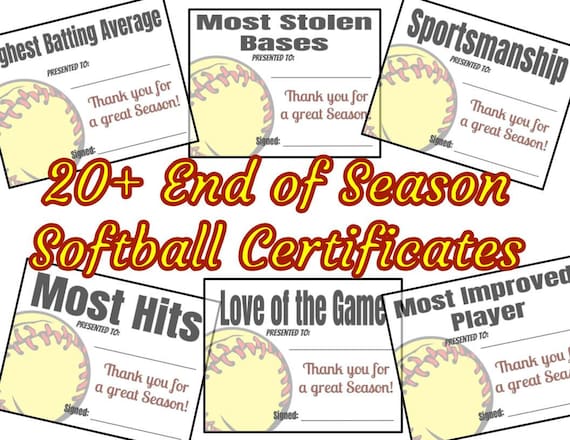 Softball Certificates Softball Awards End of Season Softball - Etsy