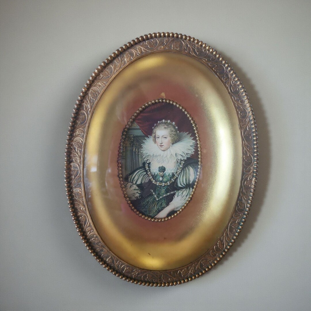 Antique Oval Framed Portrait of Anne Maria of Austria, Beaded Gold Trim ...
