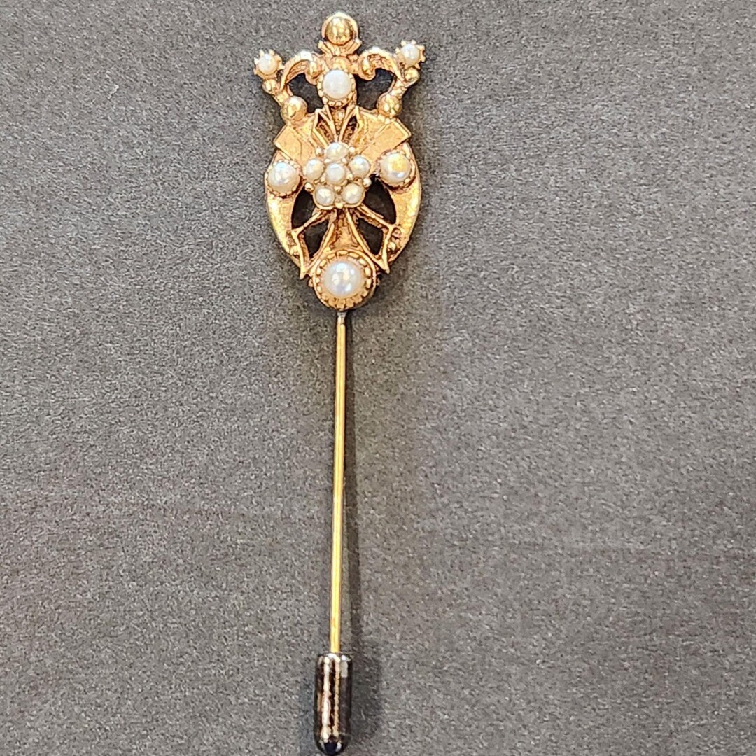 Antique Gold-tone Stick Pin With Ornate Design & Faux Pearl Accents by ...