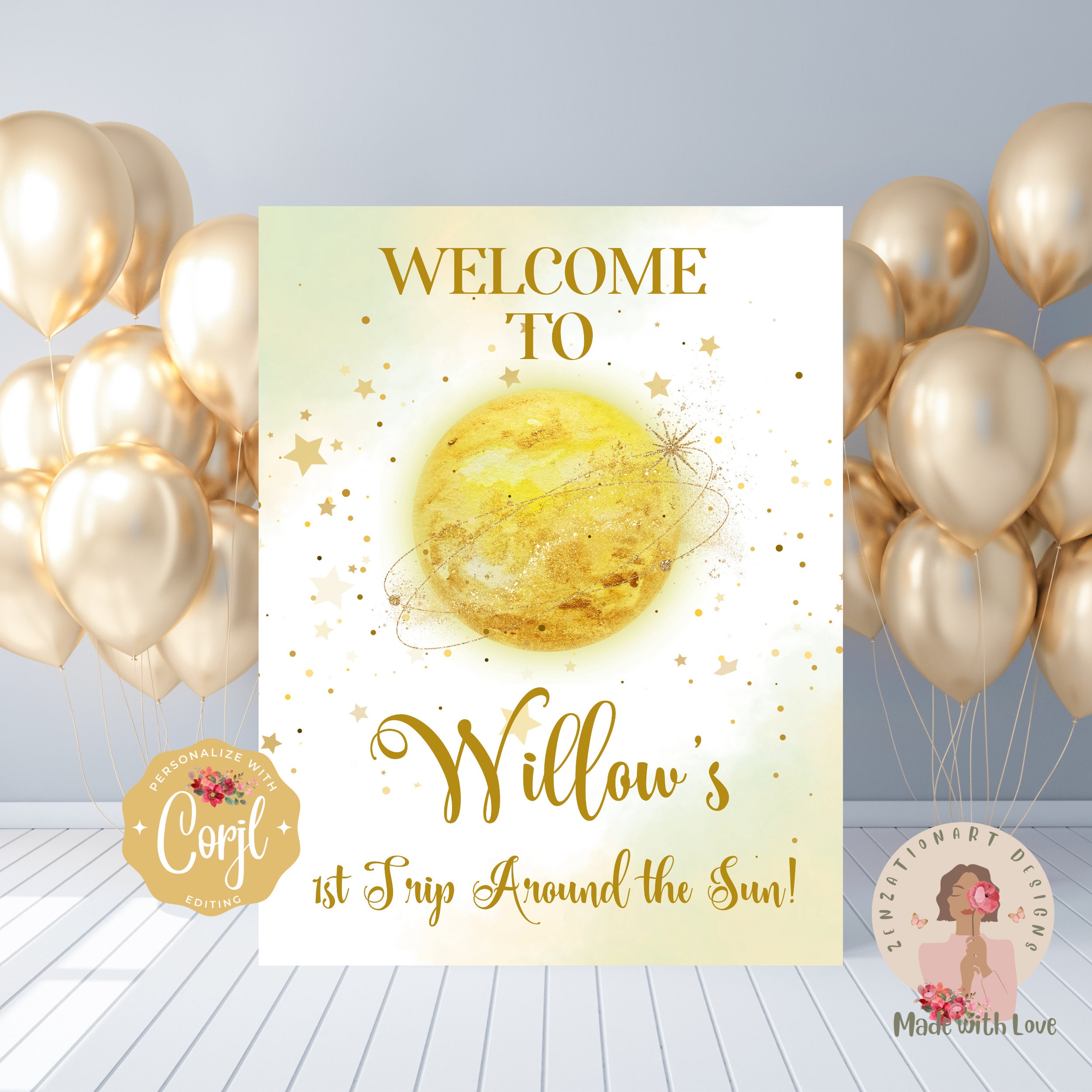 Editable First Trip Around the Sun Birthday Welcome Sign Modern 1st ...