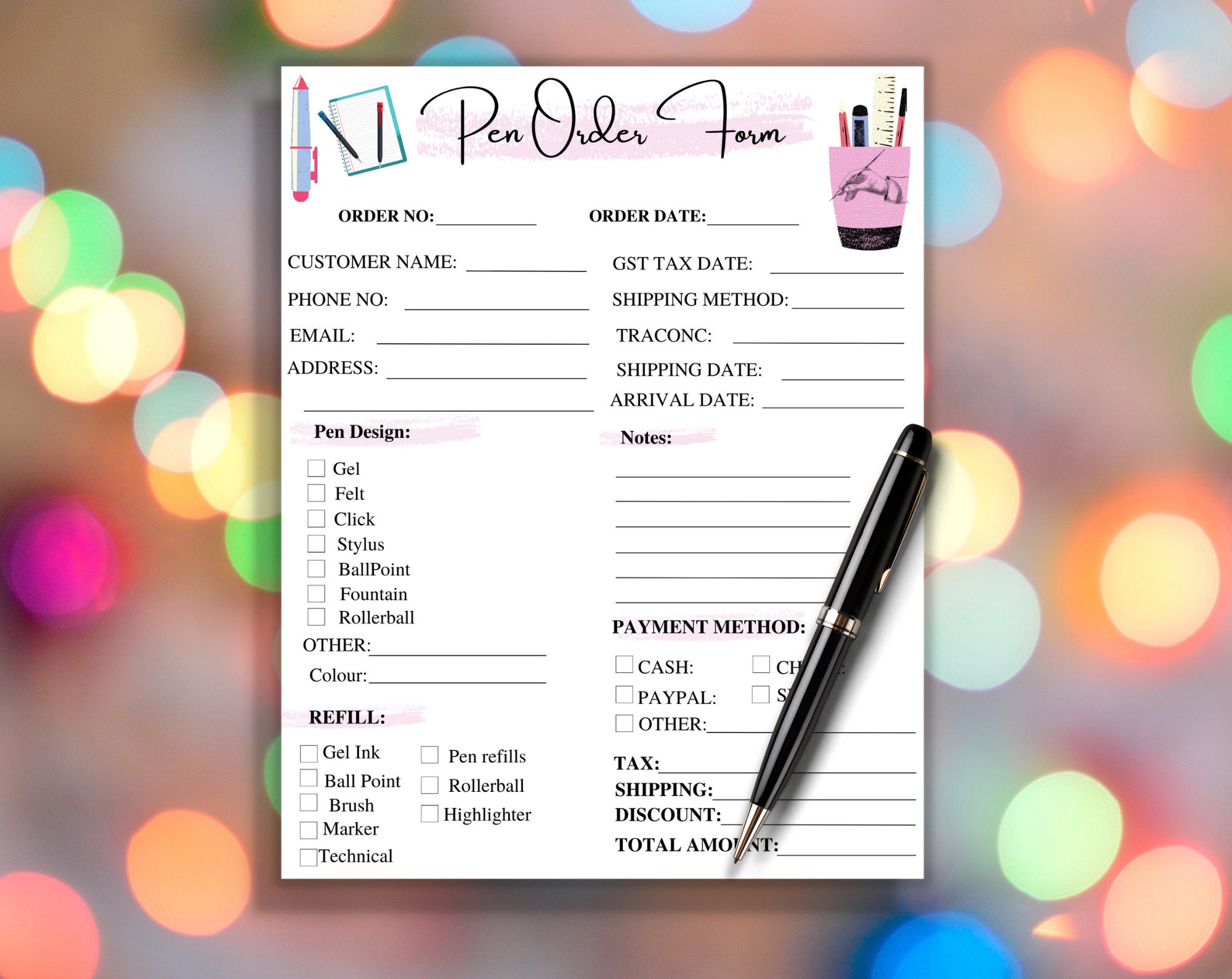 Pen Order Form Custom Pen Order Editable Order Forms Small Business ...