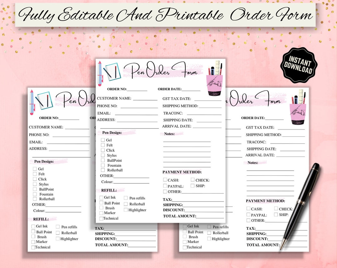 Pen Order Form Custom Pen Order Editable Order Forms Small Business ...