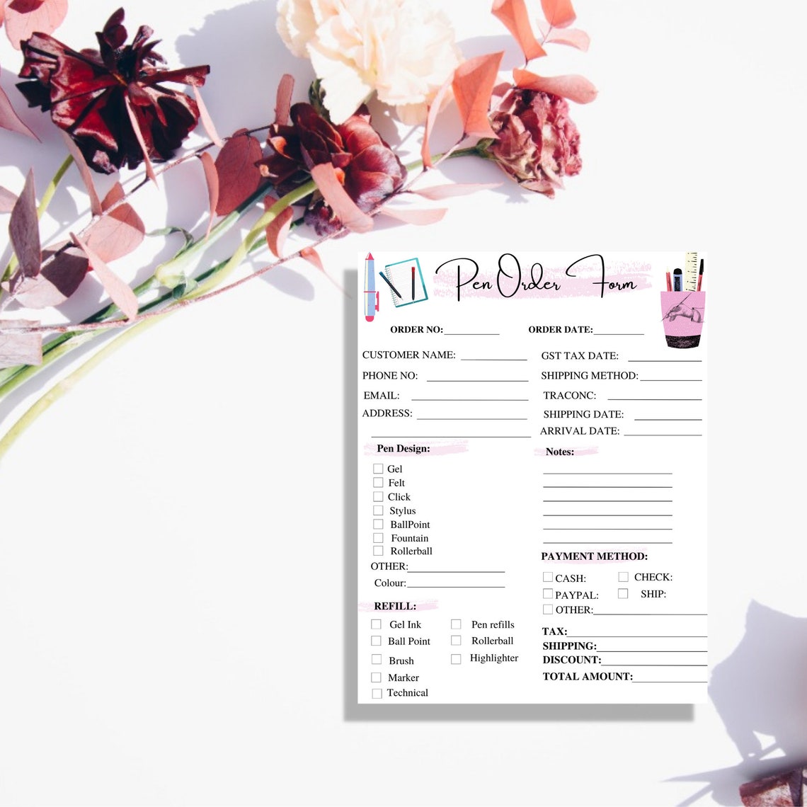 Pen Order Form Custom Pen Order Editable Order Forms Small Business ...