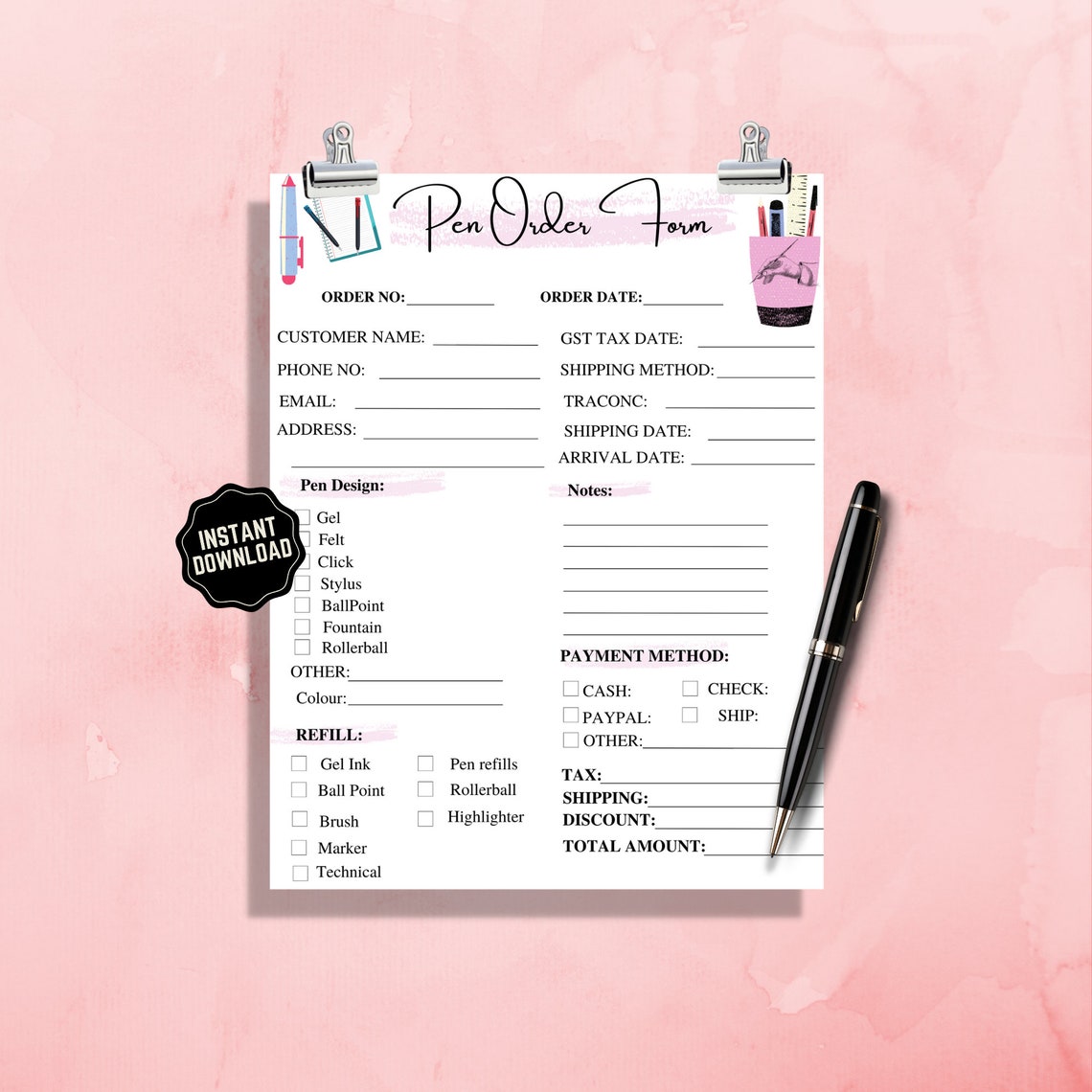 Pen Order Form Custom Pen Order Editable Order Forms Small Business ...