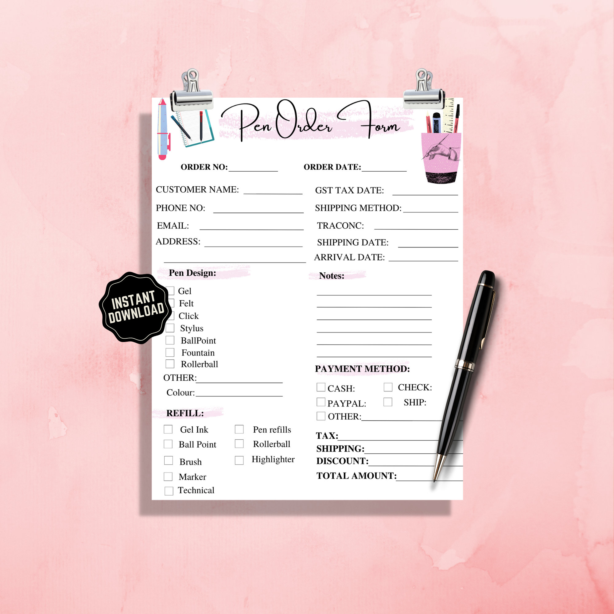 Pen Order Form Custom Pen Order Editable Order Forms Small Business ...