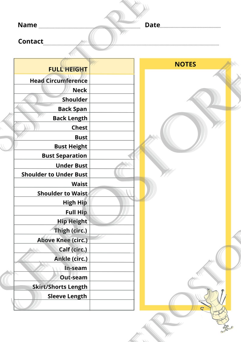 Printable Tailor's Sewing Measurement Chart Notebook | Digital PDF ...