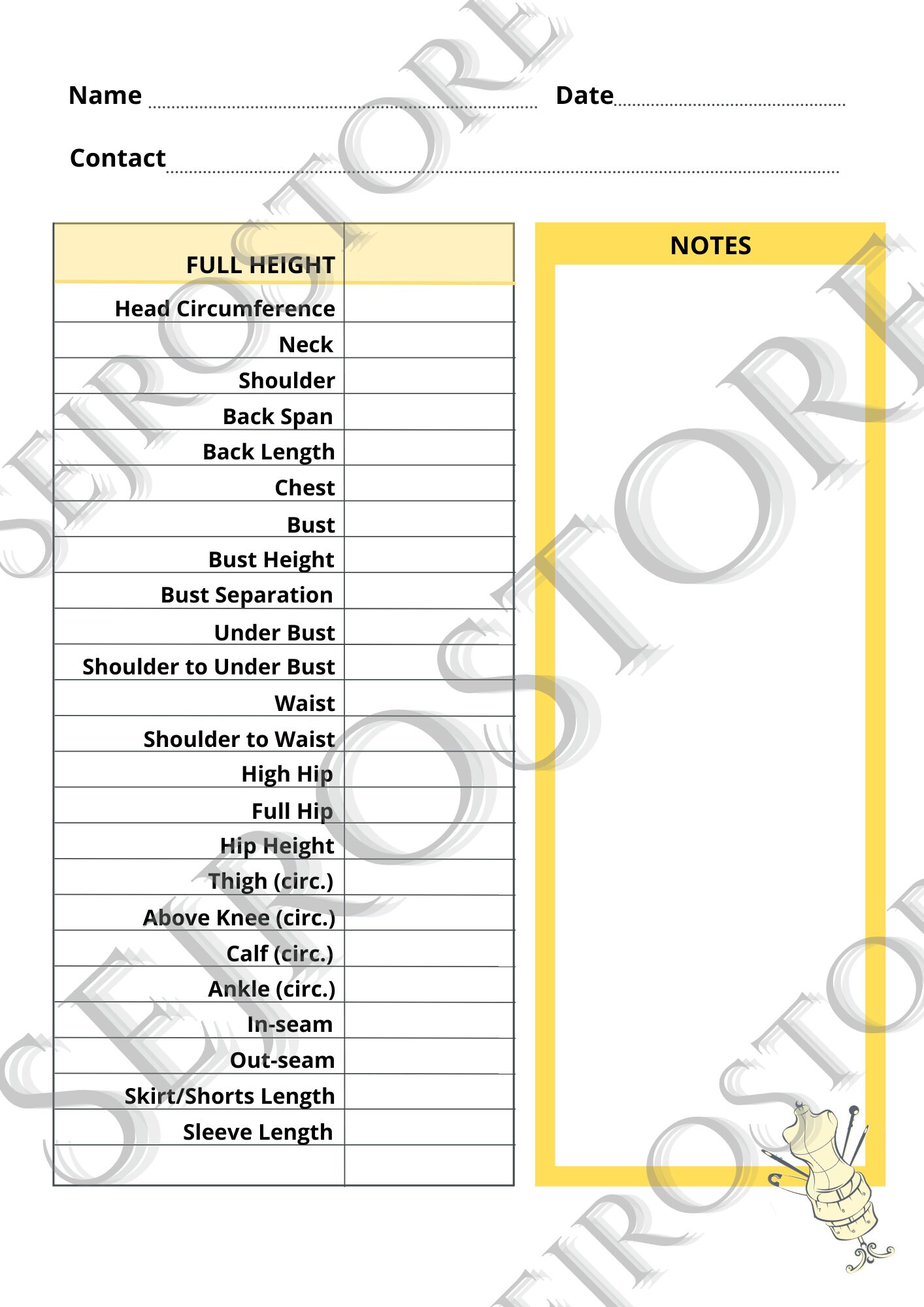 Printable Tailor's Sewing Measurement Chart Notebook | Digital PDF ...