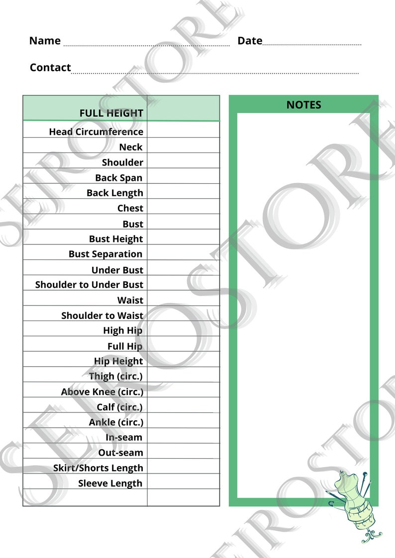 Printable Tailor's Sewing Measurement Chart Notebook | Digital PDF ...