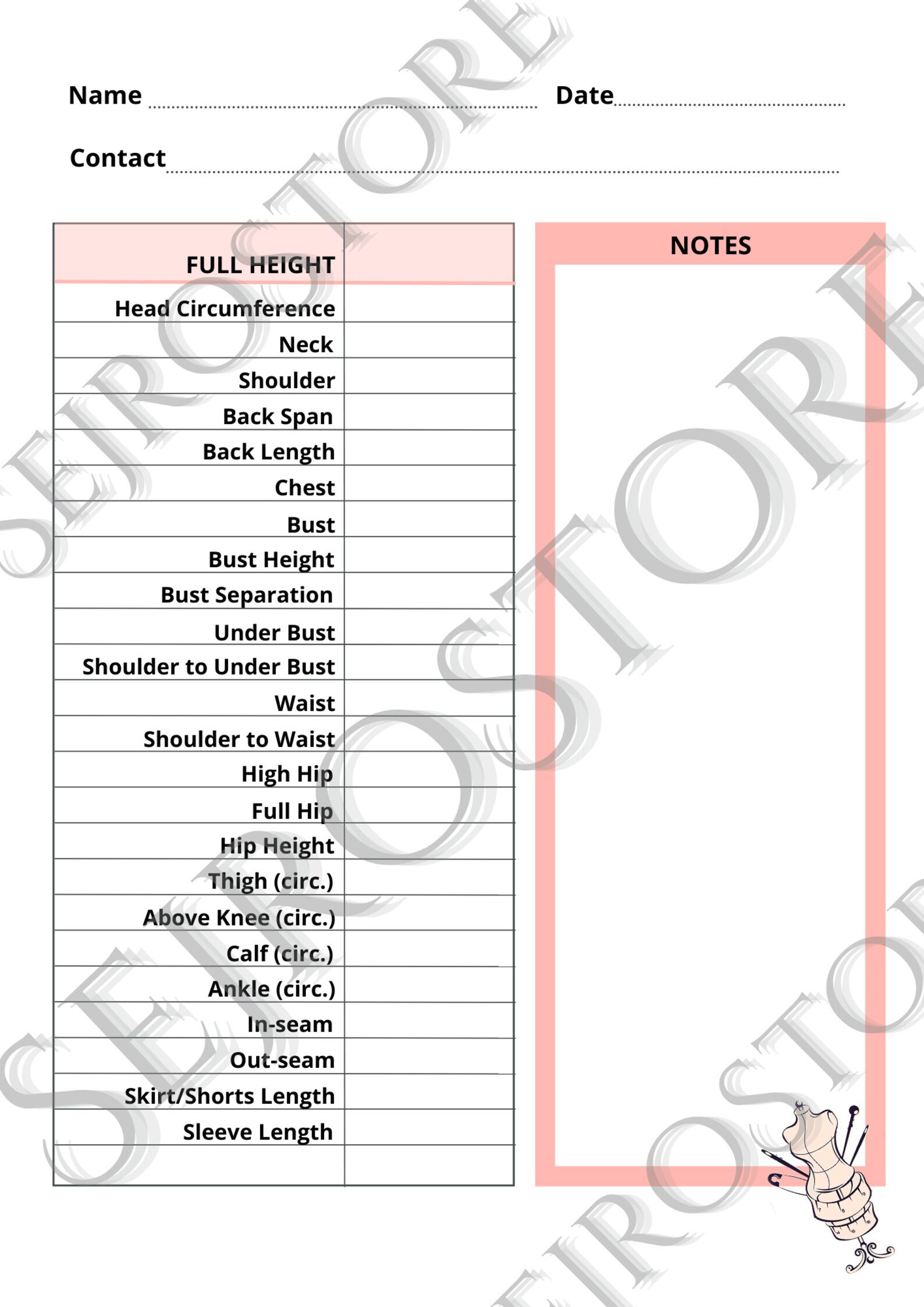 Printable Tailor's Sewing Measurement Chart Notebook | Digital PDF ...