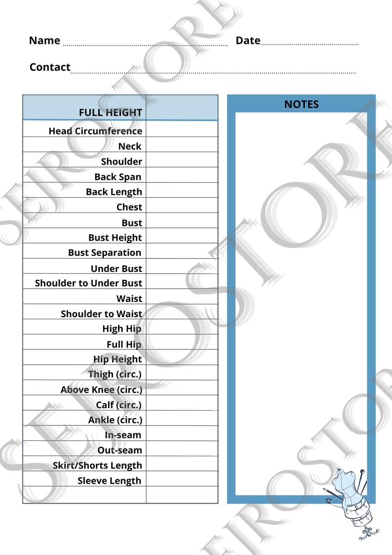 Printable Tailor's Sewing Measurement Chart Notebook | Digital PDF ...