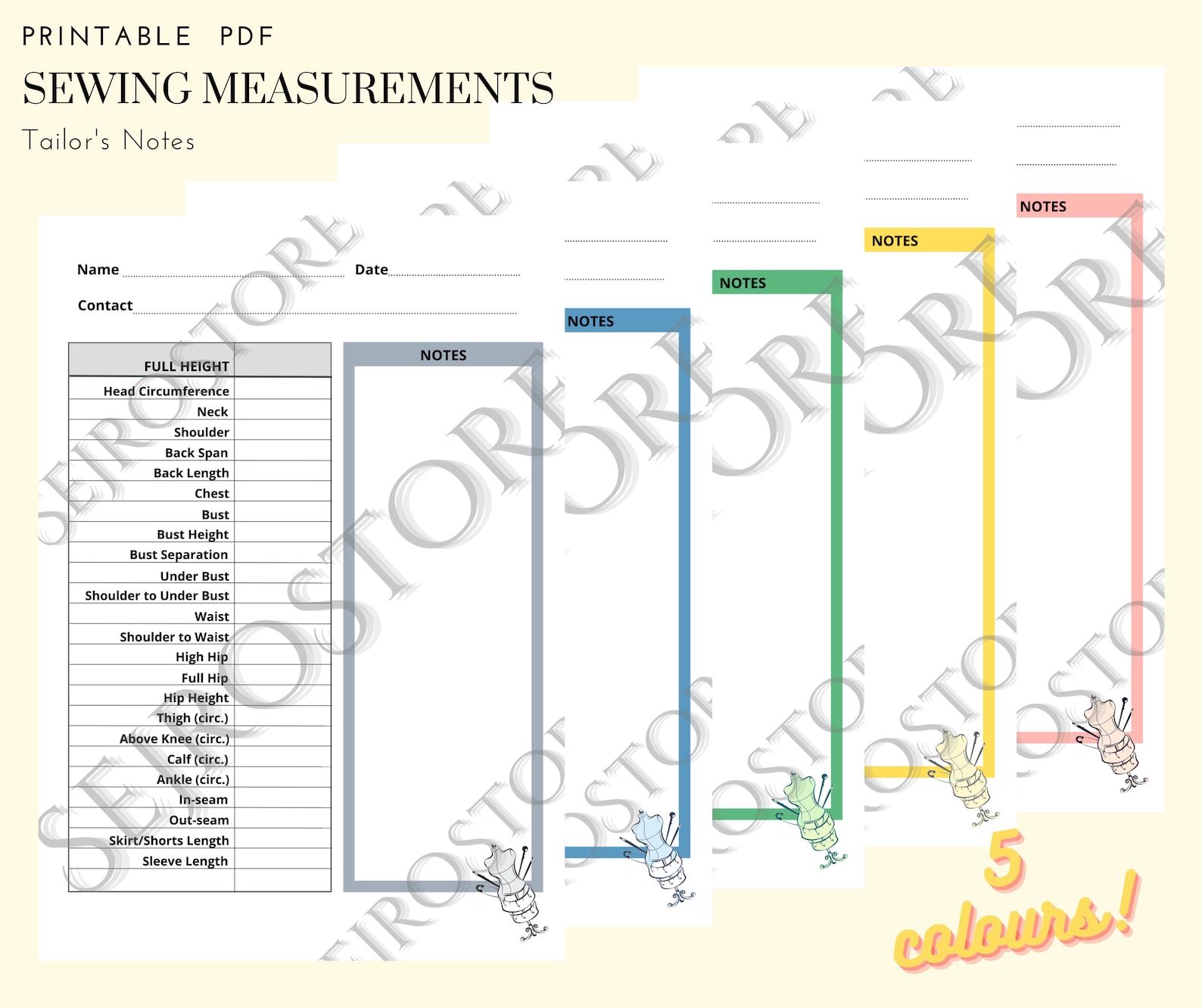 Printable Tailor's Sewing Measurement Chart Notebook | Digital PDF ...